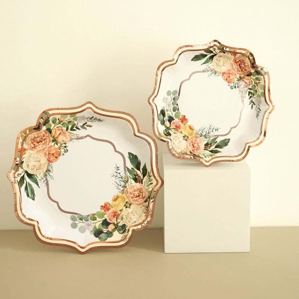 Tableclothsfactory 25 Pack | Floral 10" Scallop Rim Dinner Party Paper Plates, Disposable Plates - 300 GSM
