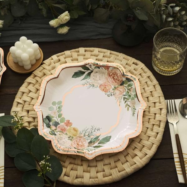 Tableclothsfactory 25 Pack | Floral 10" Scallop Rim Dinner Party Paper Plates, Disposable Plates - 300 GSM