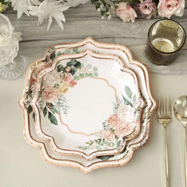 Tableclothsfactory 25 Pack | Floral 10" Scallop Rim Dinner Party Paper Plates, Disposable Plates - 300 GSM