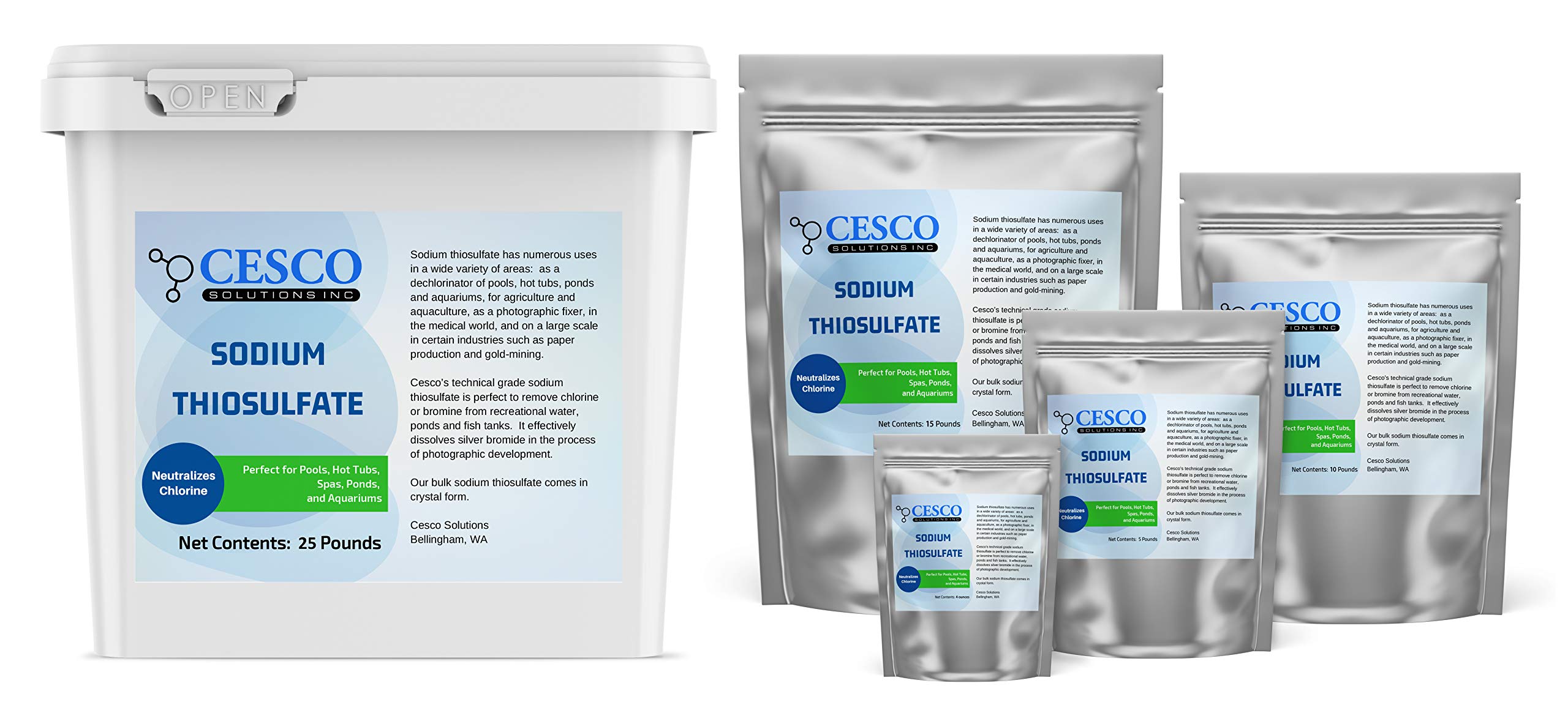 Sodium Thiosulfate Pentahydrate 15 lbs by Cesco Solutions - for Pools, Aquarium, Pond - Technical-Grade for Hot Tubs