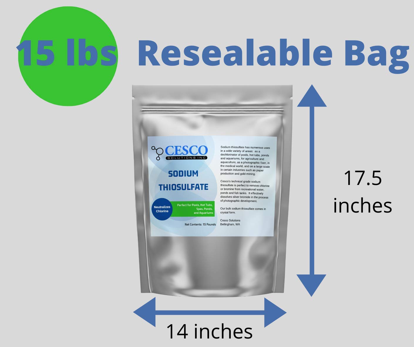 Sodium Thiosulfate Pentahydrate 15 lbs by Cesco Solutions - for Pools, Aquarium, Pond - Technical-Grade for Hot Tubs