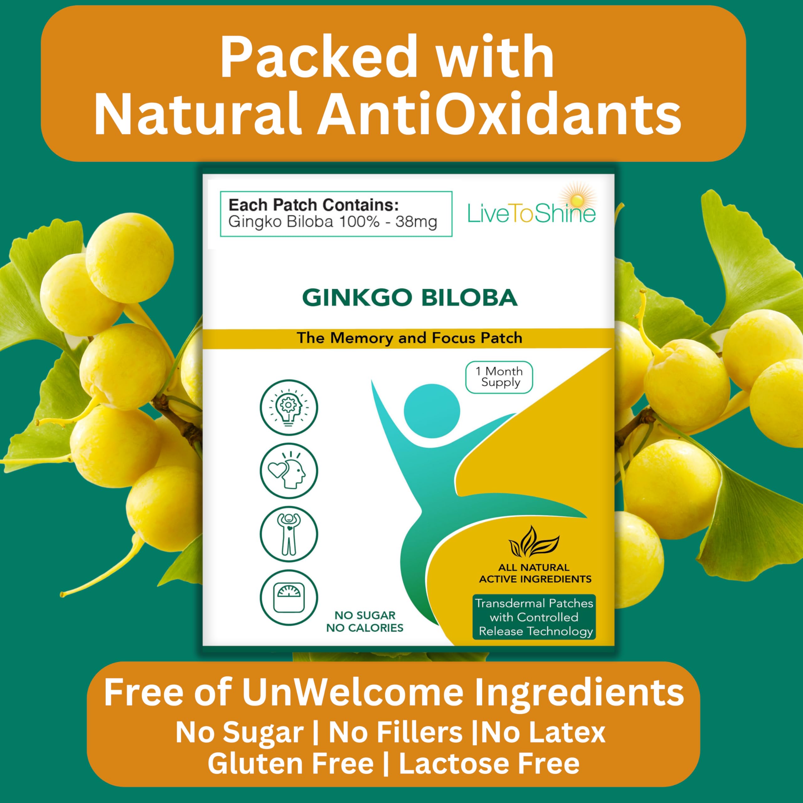 Live To Shine Ginkgo Biloba Patch - 30 Gingko Transdermal Patches - One Month Supply for Women and Men - USA Made