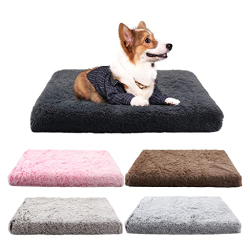 CHBC Square Long Plush Warm Dog Bed with Zipper Cat Mats Fulffy Pet Kennel Pad Warm Sleeping for Pet Washable Dogs Cats Sofa Bed (S, Grey-White)