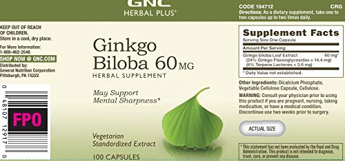 GNC Herbal Plus Ginkgo Biloba 60mg, 100 Capsules, Supports Mental Sharpness