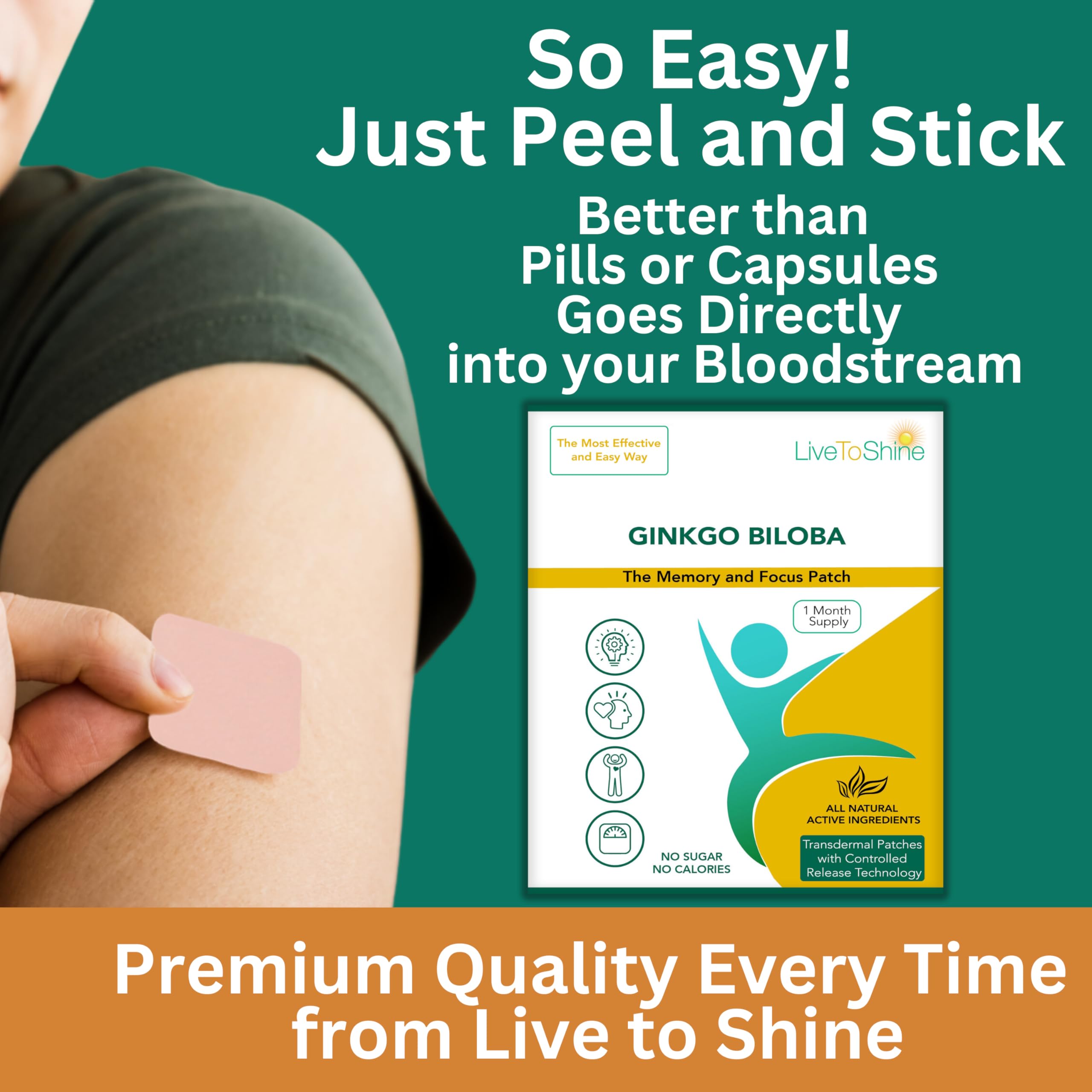 Live To Shine Ginkgo Biloba Patch - 30 Gingko Transdermal Patches - One Month Supply for Women and Men - USA Made