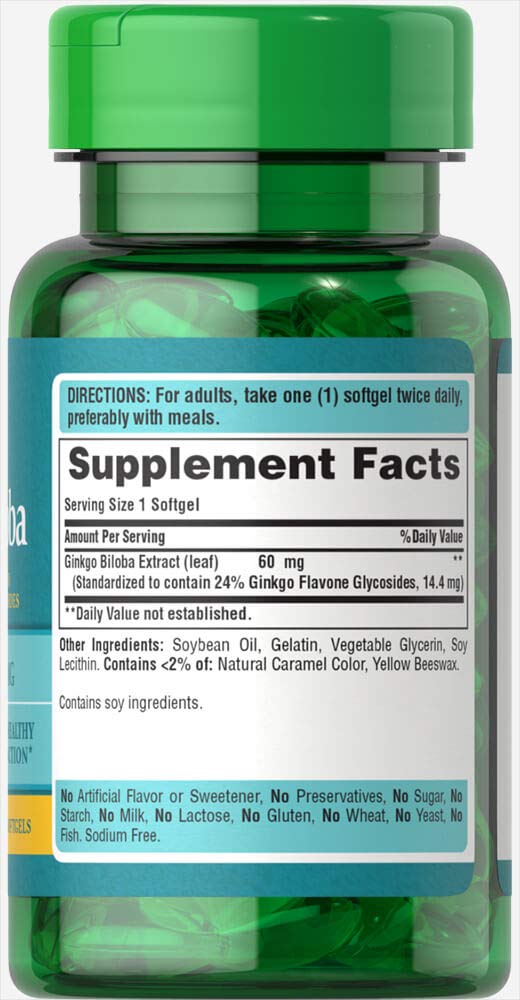 Puritan's Pride Ginkgo Biloba Standardized Extract Nootropic 60 Mg Softgels, 120 Count