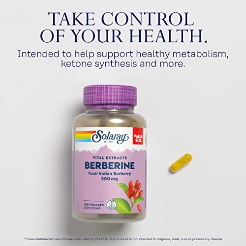 SOLARAY Berberine 500 mg from Indian Barberry Root, Berberine HCl Extract for Healthy Metabolism and Ketone Synthesis Support, AMPK Activator, 60 Day Guarantee