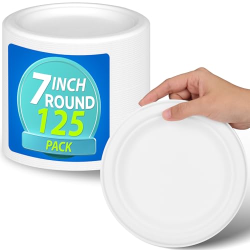 MIDOFELD 7 Inch Small Paper Plates - [125-Pack] Heavy Duty Dessert Paper Plate Eco Friendly Made from Sugarcane Fiber - Microwable Sturdy Party Plate Disposable, 100% Compostable and Biodegradable