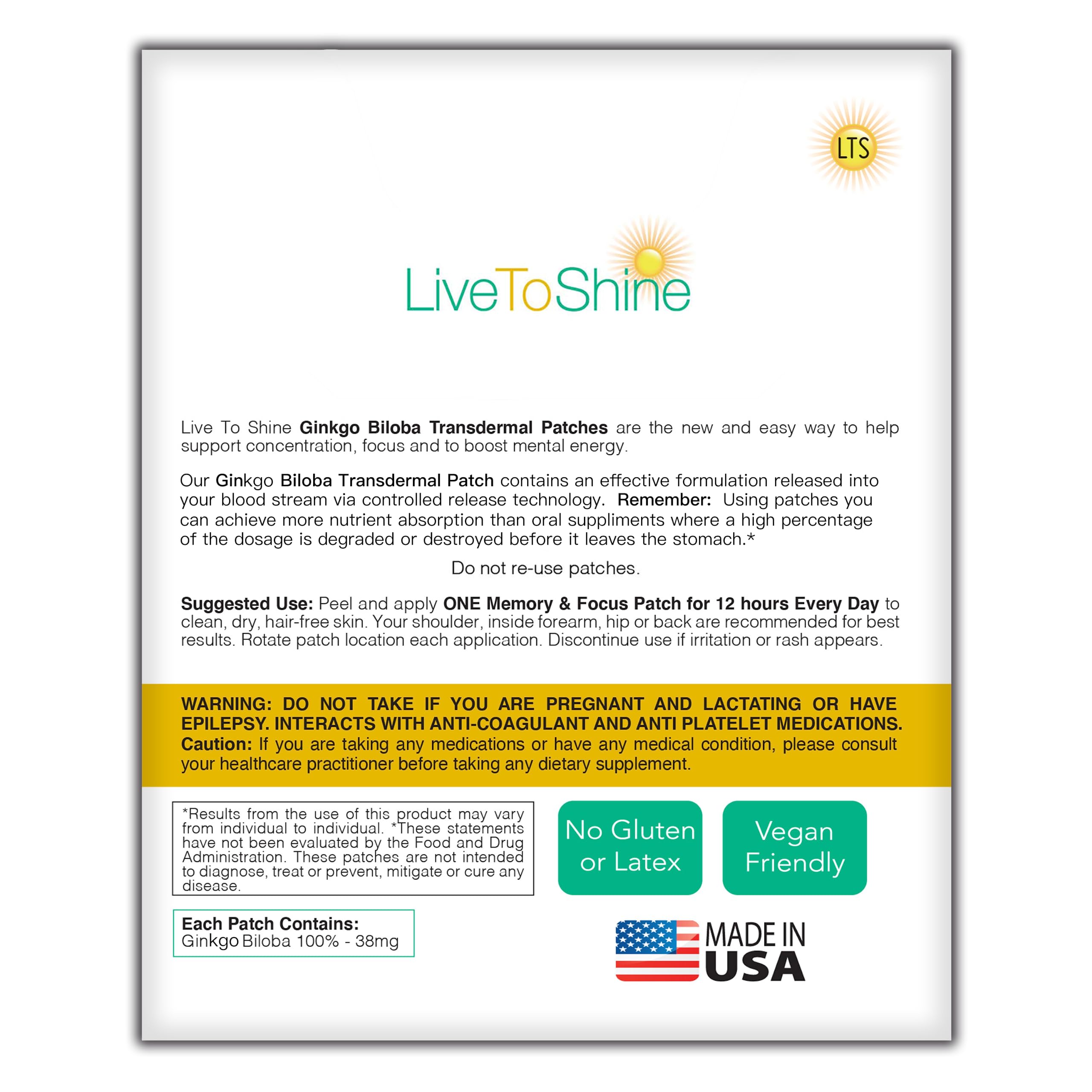 Live To Shine Ginkgo Biloba Patch - 30 Gingko Transdermal Patches - One Month Supply for Women and Men - USA Made