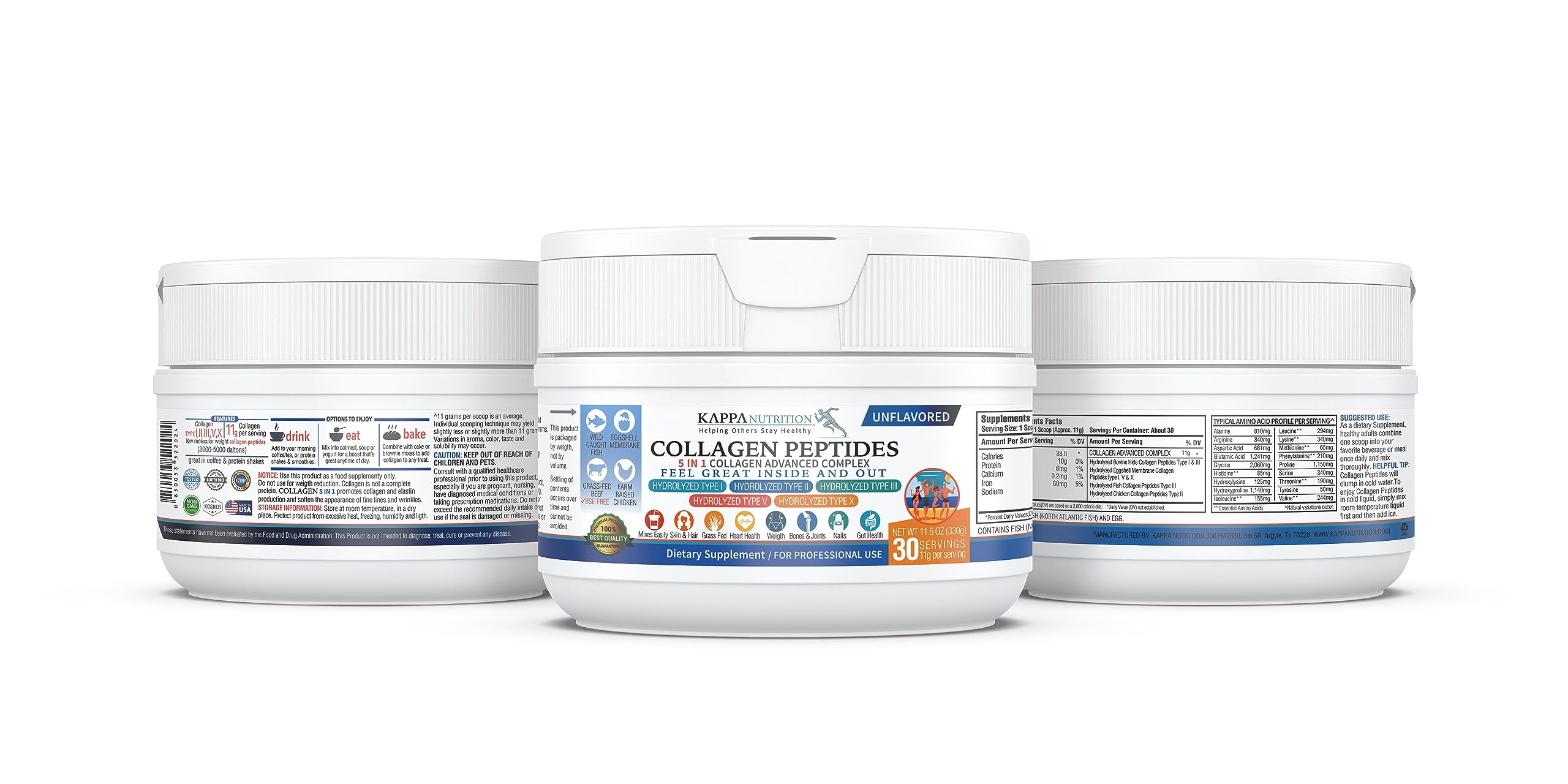 KAPPA NUTRITION Collagen Complex - Type I, II, III, V, X, Grass Fed, Non-GMO, 30 Servings