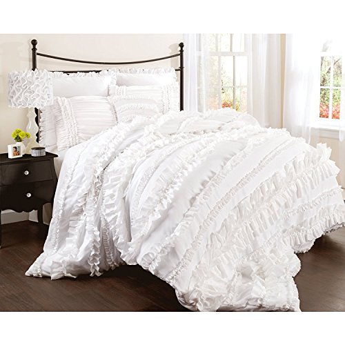Lush Decor Belle 3 Piece Ruffled Vintage Chic White Comforter Set with Bed Skirt and Pillow Sham, Twin XL