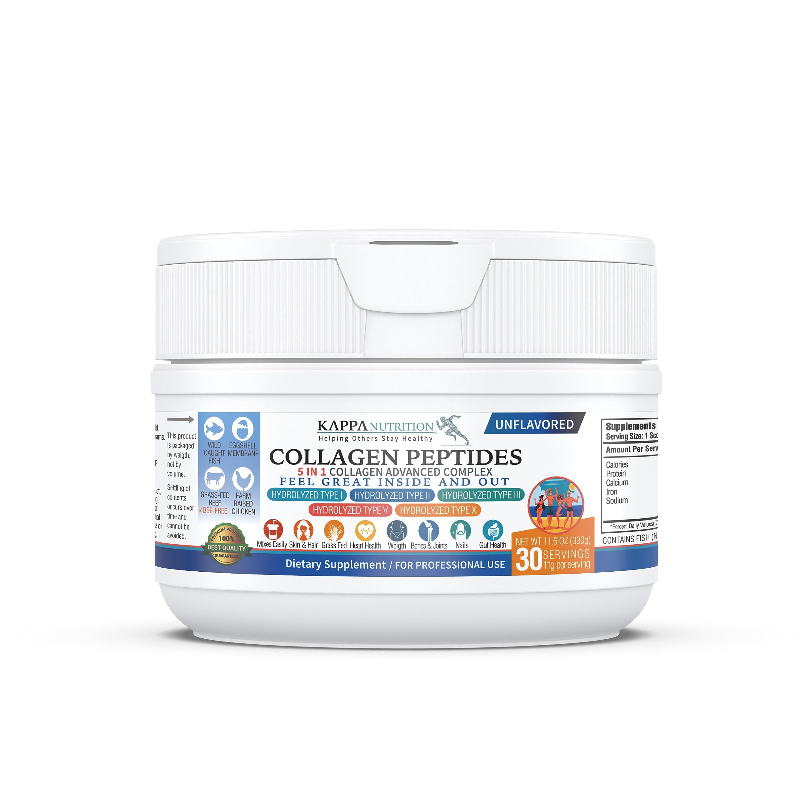 KAPPA NUTRITION Collagen Complex - Type I, II, III, V, X, Grass Fed, Non-GMO, 30 Servings