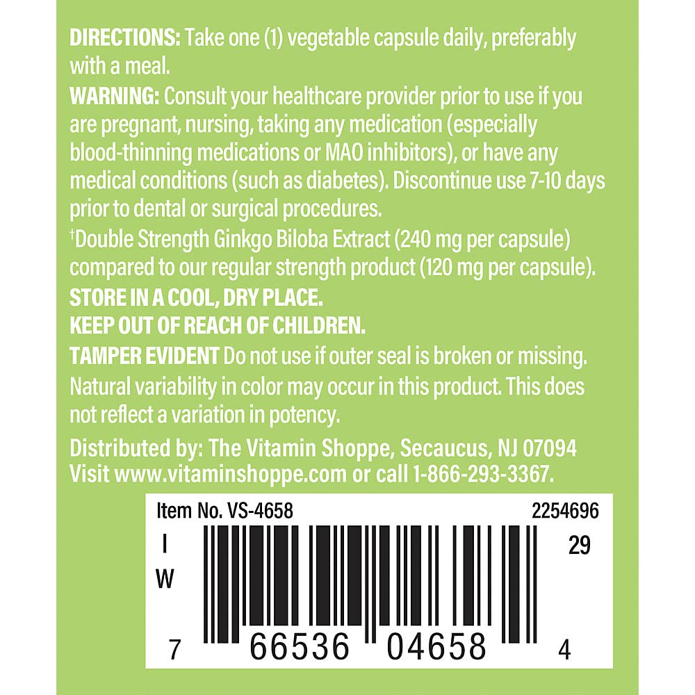 Double Strength Ginkgo Biloba Extract a" Memory & Circulatory Support a" 240 MG (60 Vegetable Capsules)