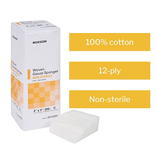 McKesson Woven Gauze Sponges, Non-Sterile, 12-Ply, 100% Cotton, 3 in x 3 in, 200 Per Pack, 20 Packs, 4000 Total