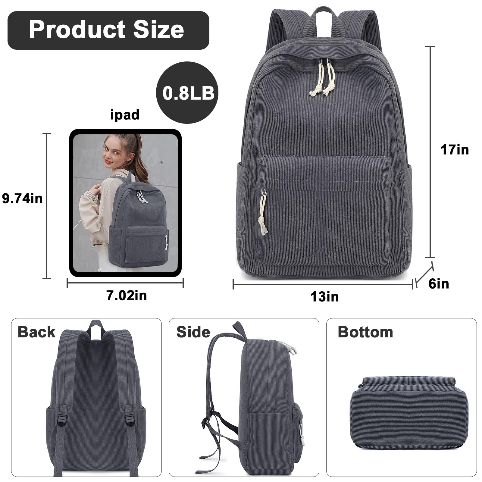 School Backpack for Teens Large Corduroy Bookbag Lightweight 17 inch Laptop Bag for Girls Boys Casual High School College