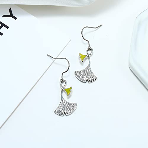 Ginkgo Leaf Earrings Hypoallergenic Titanium Dangle Earrings For Women, Sparkly Cubic Zirconia Enamel Drop Earrings Lightweight Handmade, Pure Titanium Earrings Hooks for Sensitive Ear