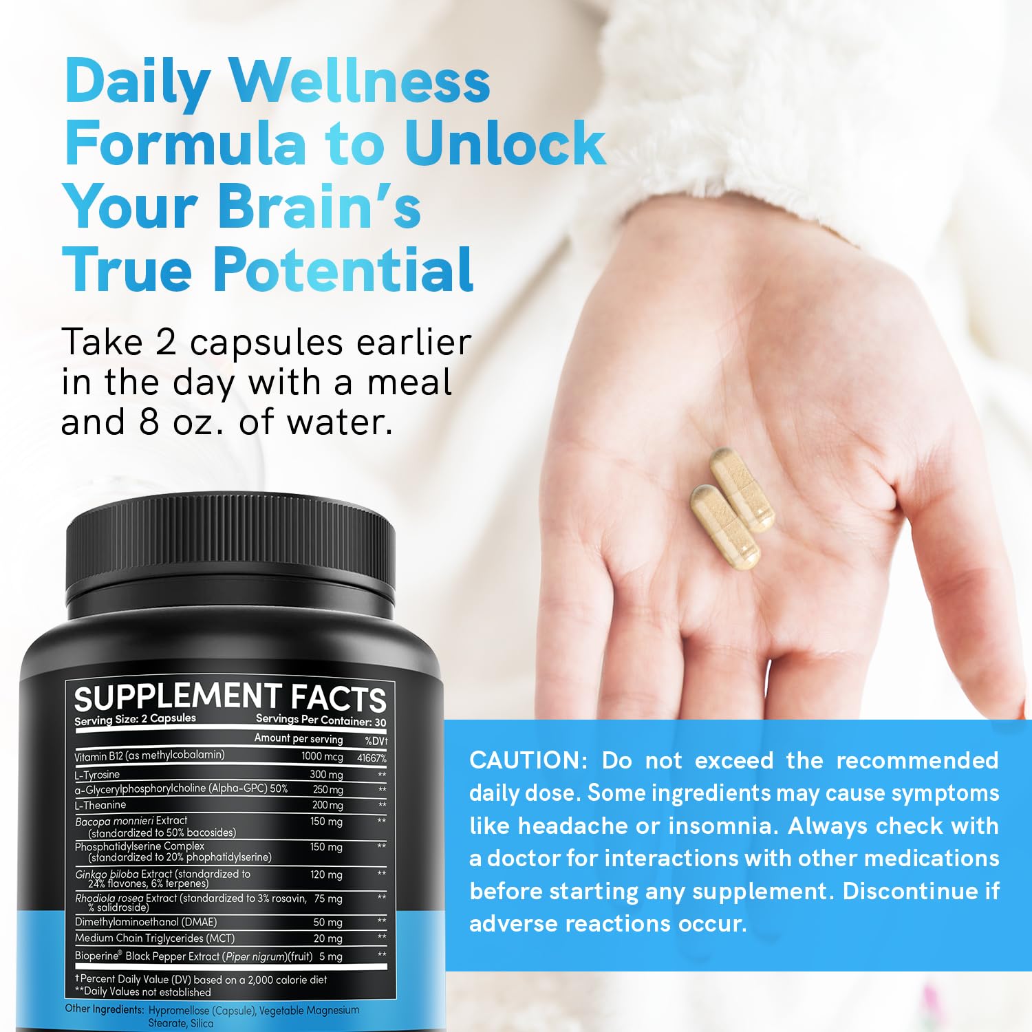 12-in-1 Nootropic Brain Supplement Anhydrous: Ginkgo Biloba for Brain Support, Memory and Focus - B12, Alpha GPC, L Theanine and Choline Supplements with Bioperine non Caffeinated 1321mg (120ct)