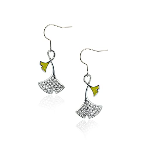 Ginkgo Leaf Earrings Hypoallergenic Titanium Dangle Earrings For Women, Sparkly Cubic Zirconia Enamel Drop Earrings Lightweight Handmade, Pure Titanium Earrings Hooks for Sensitive Ear