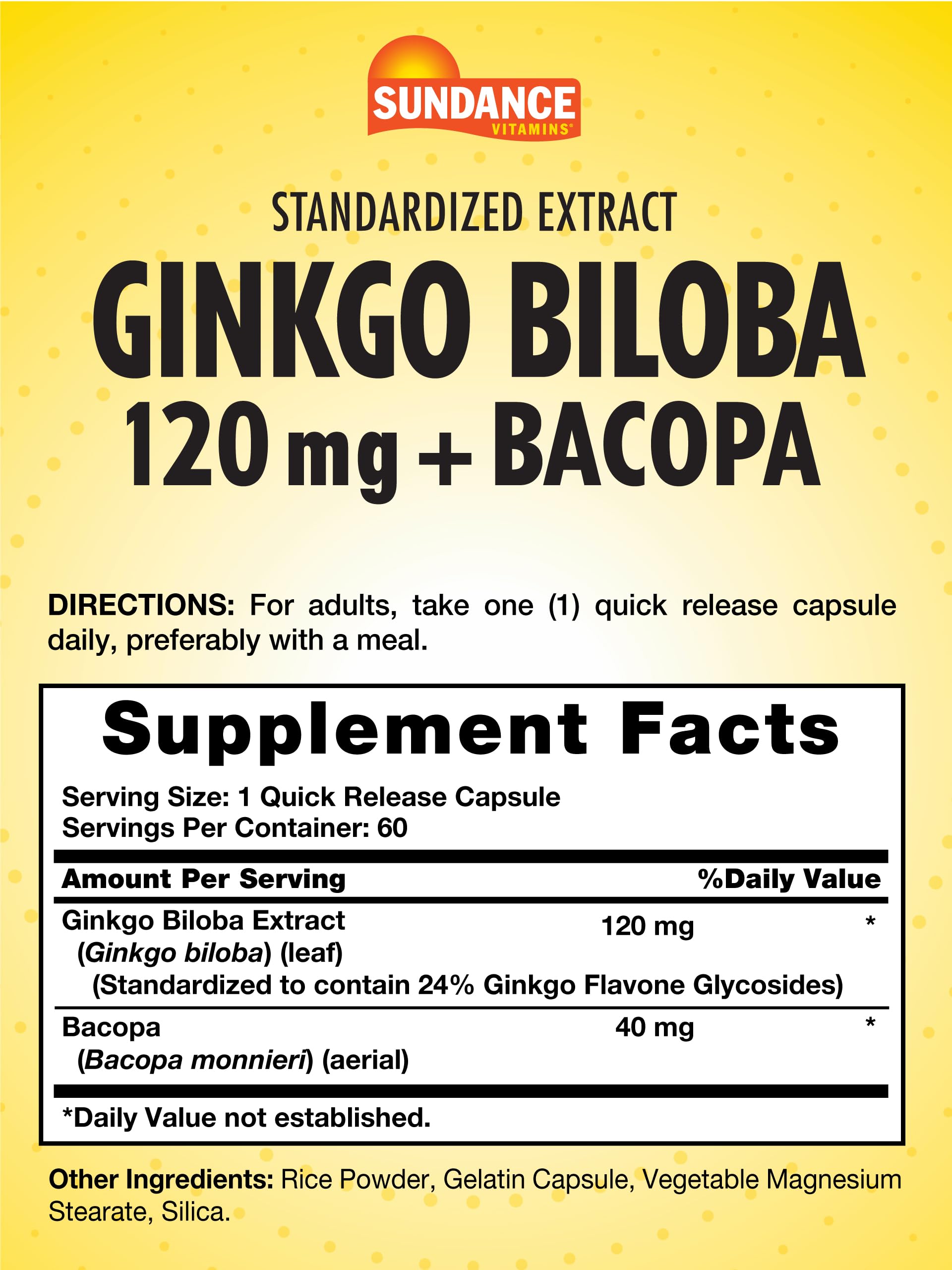 Sundance Ginkgo Biloba Capsules | 120mg | Standardized Extract with Bacopa | Gluten Free Traditional Herb Supplement
