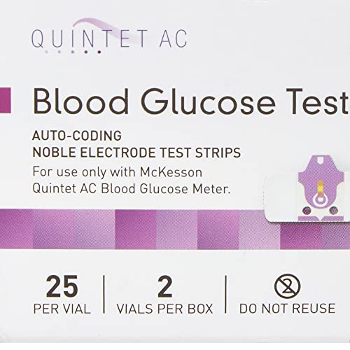 McKesson QUINTET AC Blood Glucose Test Strips - Auto Coding, Noble Electrode Strips, for Self-Testing and Point-of-Care Testing of Whole Blood Glucose, 100 Strips, 2 Packs, 100 Total