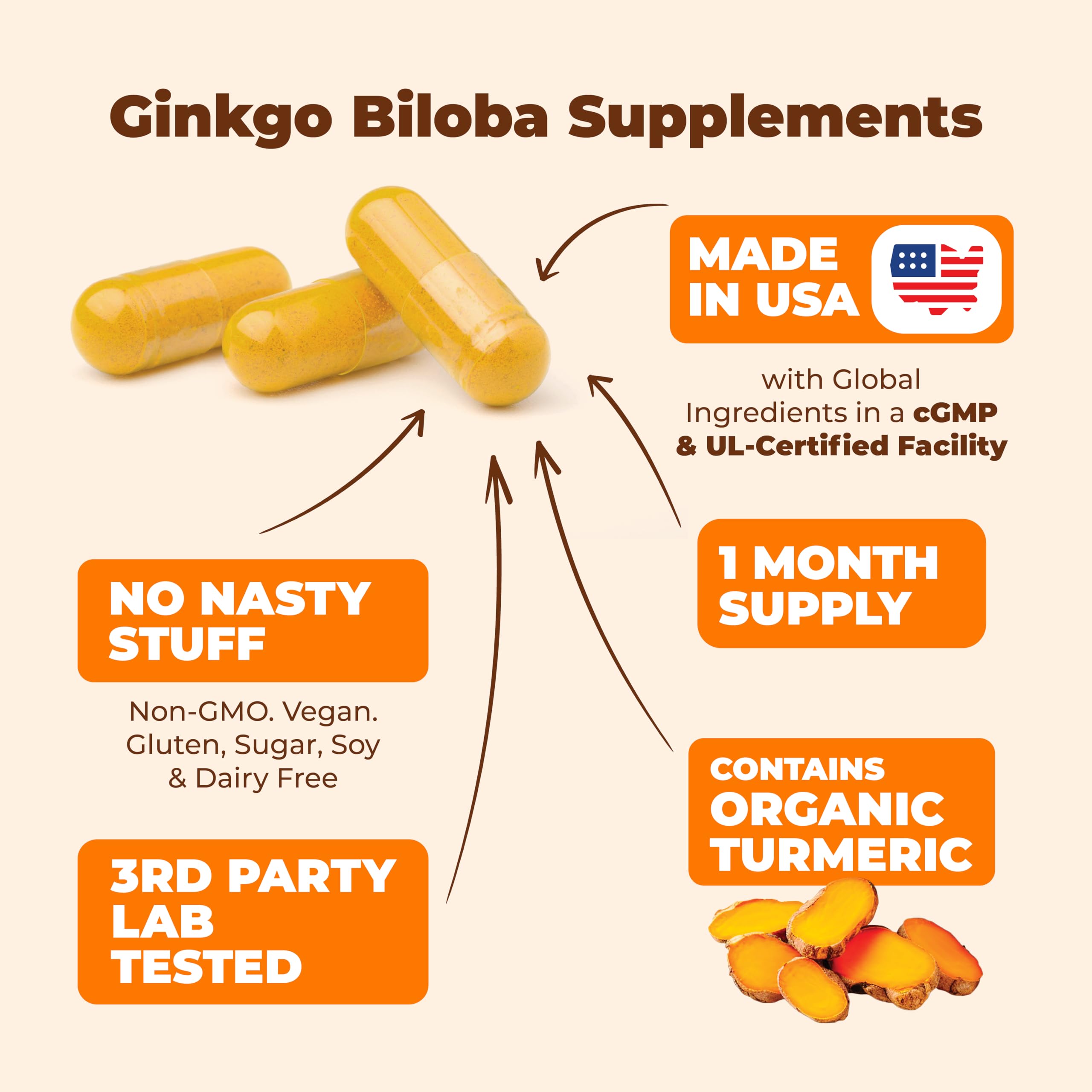Turmeric Curcumin with Black Pepper and Ginkgo Biloba supplements. Natural Turmeric Supplement with Organic Tumeric to aid Joint Health, Brain Clarity, Focus, Memory, and Concentration. Vegan. 60 Caps
