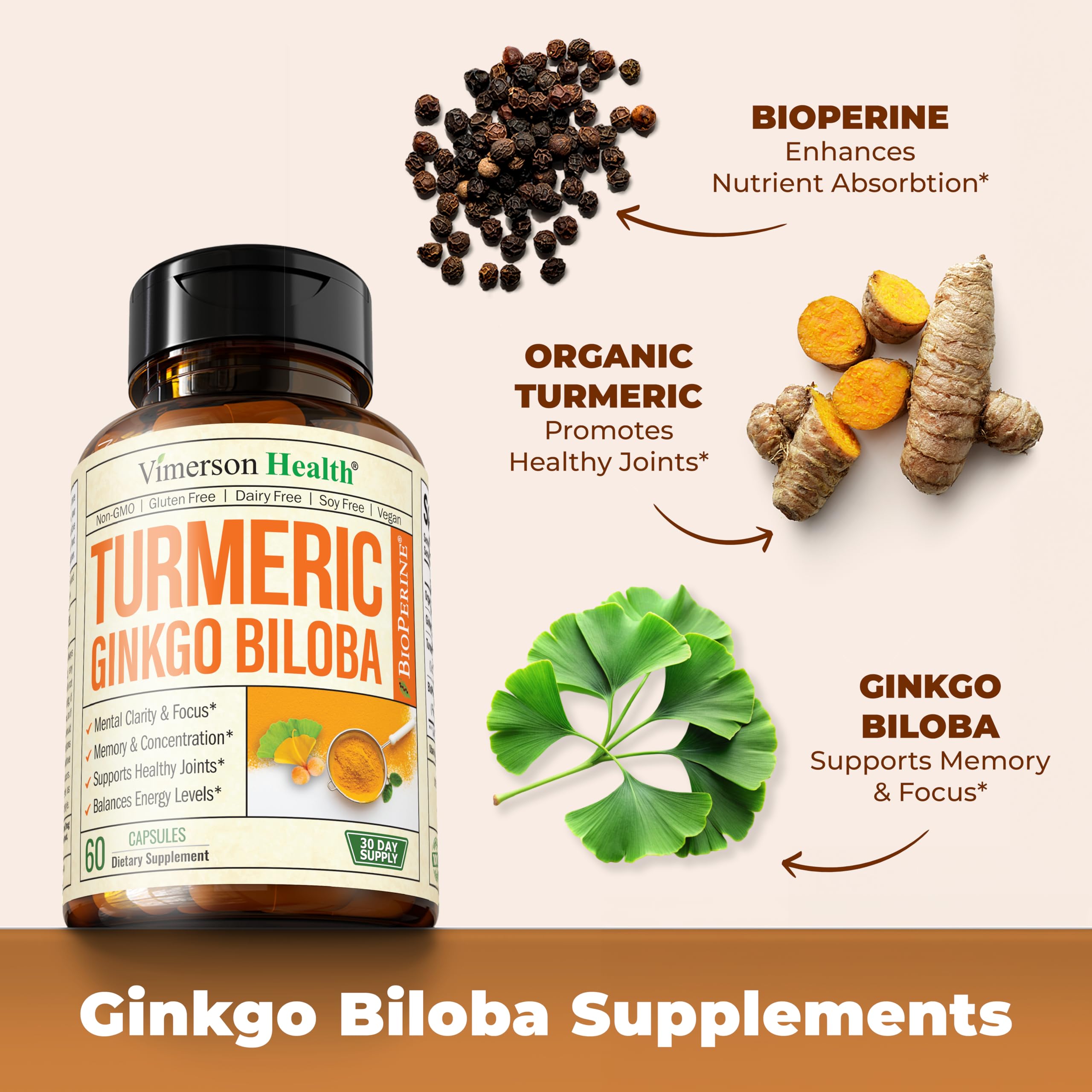 Turmeric Curcumin with Black Pepper and Ginkgo Biloba supplements. Natural Turmeric Supplement with Organic Tumeric to aid Joint Health, Brain Clarity, Focus, Memory, and Concentration. Vegan. 60 Caps