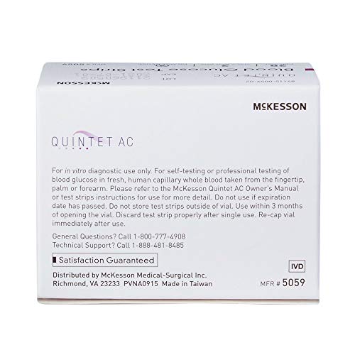 McKesson QUINTET AC Blood Glucose Test Strips - Auto Coding, Noble Electrode Strips, for Self-Testing and Point-of-Care Testing of Whole Blood Glucose, 100 Strips, 2 Packs, 100 Total