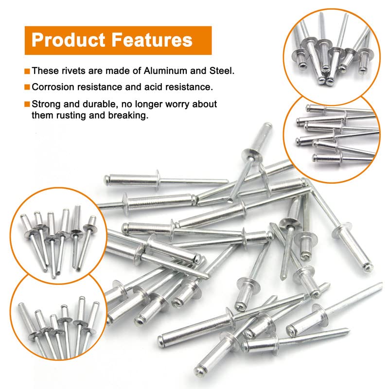 ISPINNER 100pcs 3/16" x 1/2" Aluminum Blind Rivets, 4.8 x 12.7mm Pop Rivets, Pack of 100 (Silver)