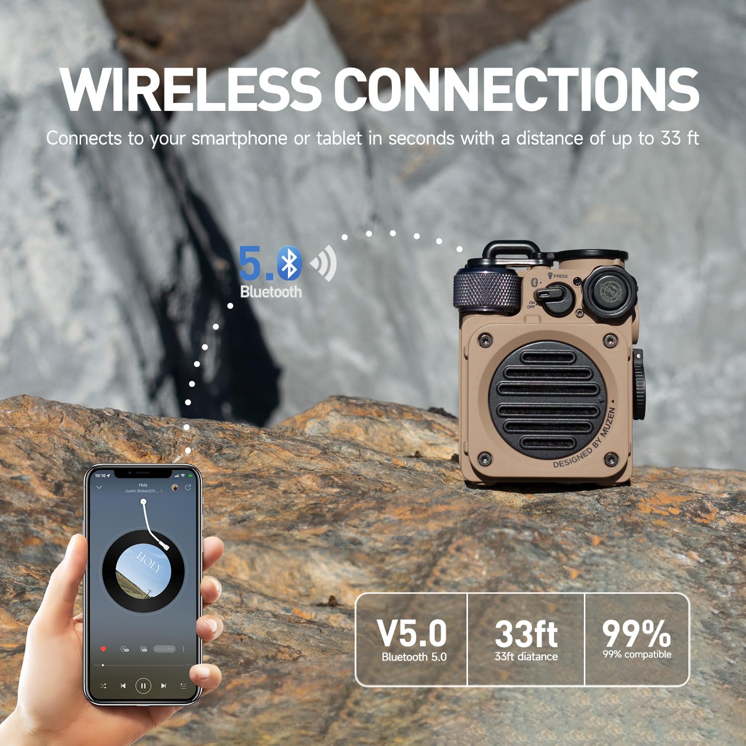 Muzen Portable Bluetooth Speaker, Wild Mini Rugged Travel Outdoor Speaker, Wireless Waterproof IPX5 with Flashlight, Stereo Sound, Metal Wild Look, for Adventure, Camping, Hiking