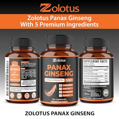 Zolotus Korean Red Panax Ginseng + Ginkgo Biloba, Ashwagandha, Beetroot, Green Tea - 120 Capsules (Pack of 2)
