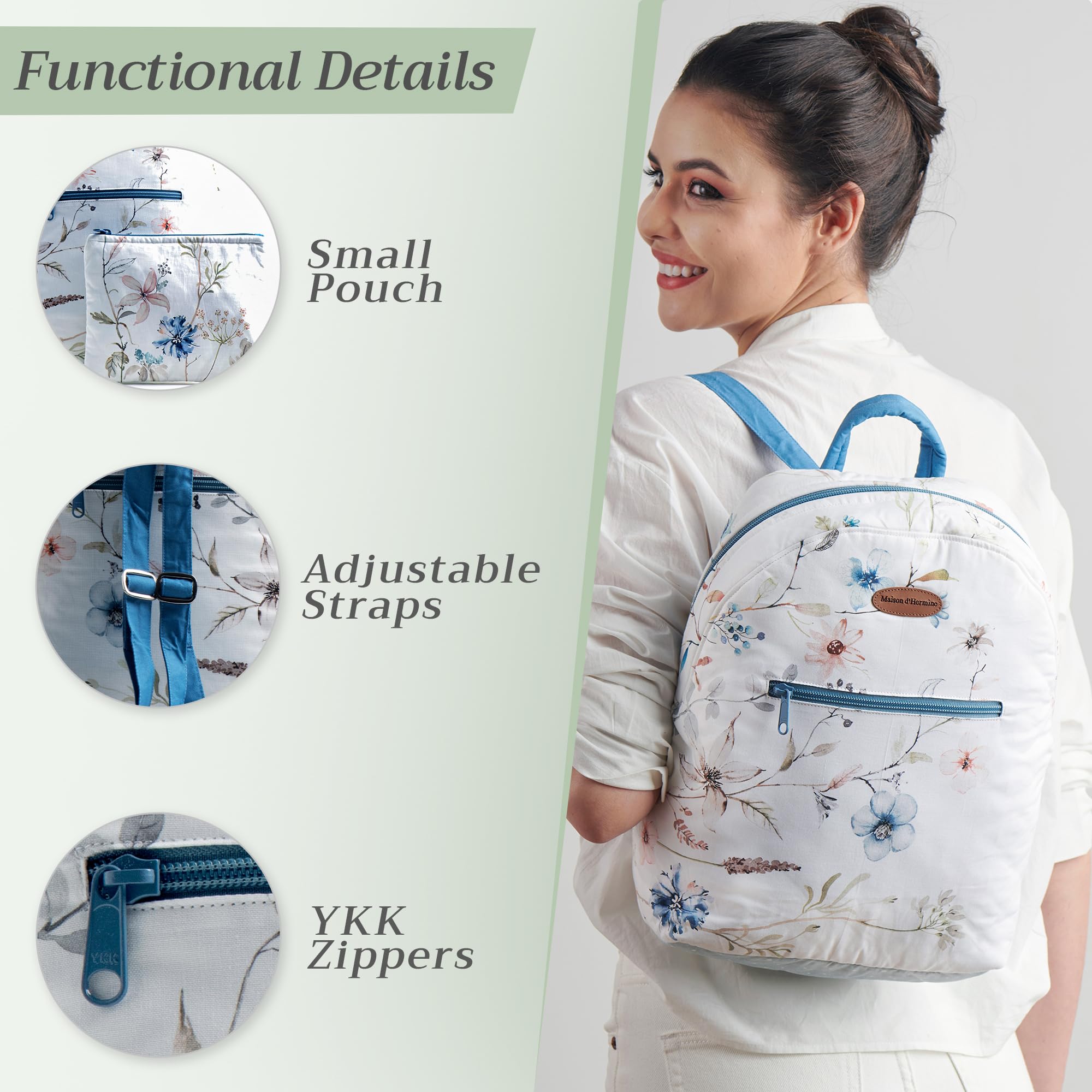 Maison d' Hermine Backpack Cotton Shoulder Backpack with Small Pouch Lightweight Bag for Travel Work Beach Perfect for Women & Men (Ice Florals)
