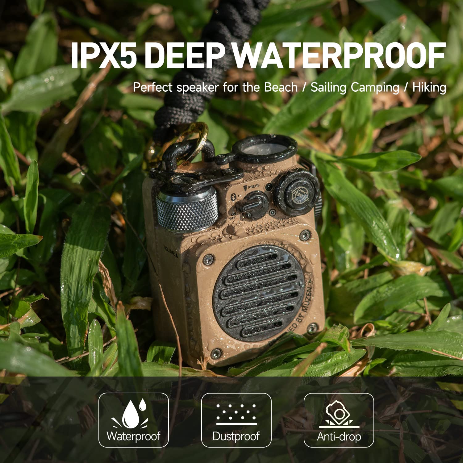 Muzen Portable Bluetooth Speaker, Wild Mini Rugged Travel Outdoor Speaker, Wireless Waterproof IPX5 with Flashlight, Stereo Sound, Metal Wild Look, for Adventure, Camping, Hiking