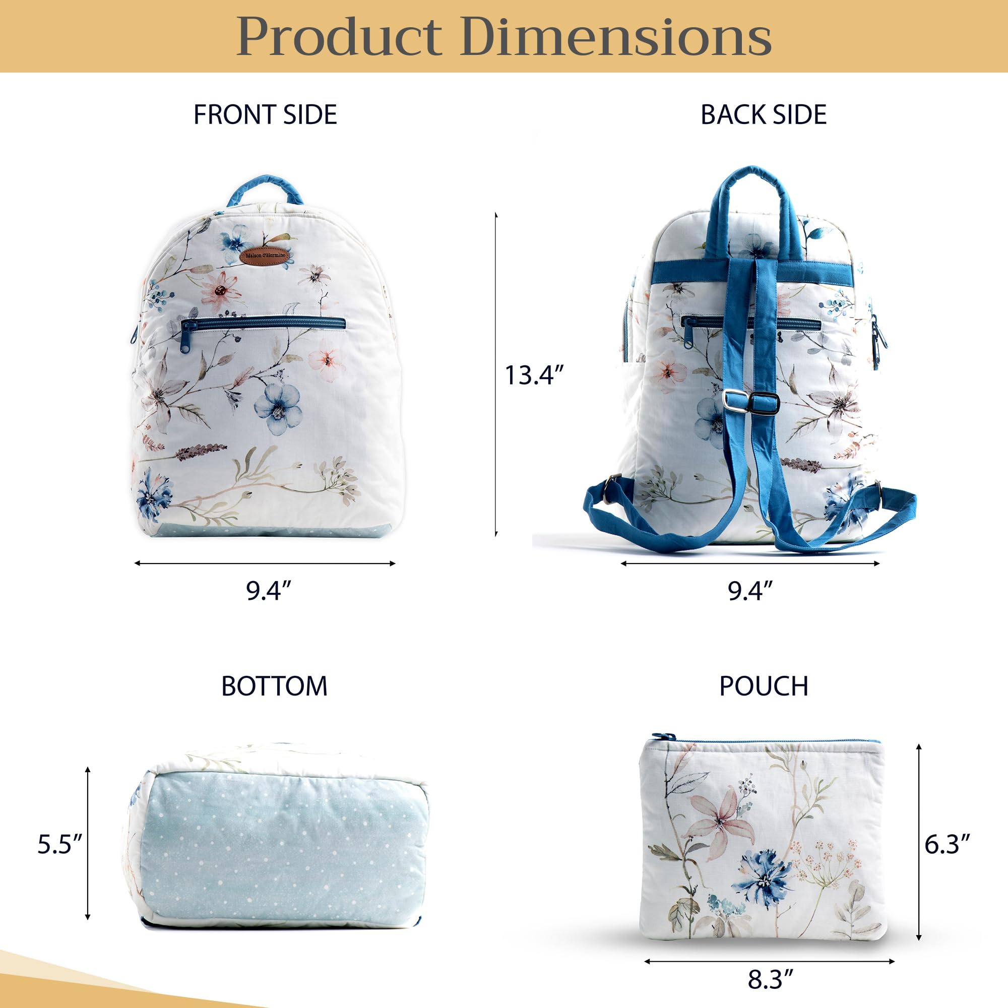 Maison d' Hermine Backpack Cotton Shoulder Backpack with Small Pouch Lightweight Bag for Travel Work Beach Perfect for Women & Men (Ice Florals)