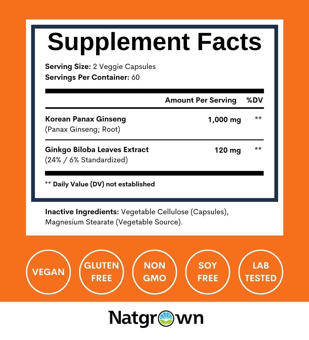 Natgrown Panax Ginseng & Ginkgo Biloba Supplement - Red Korean Ginseng & Ginko Biloba Capsules for Men & Women - Supports Memory Focus & Brain Function - Vegan Pills - 120 Count