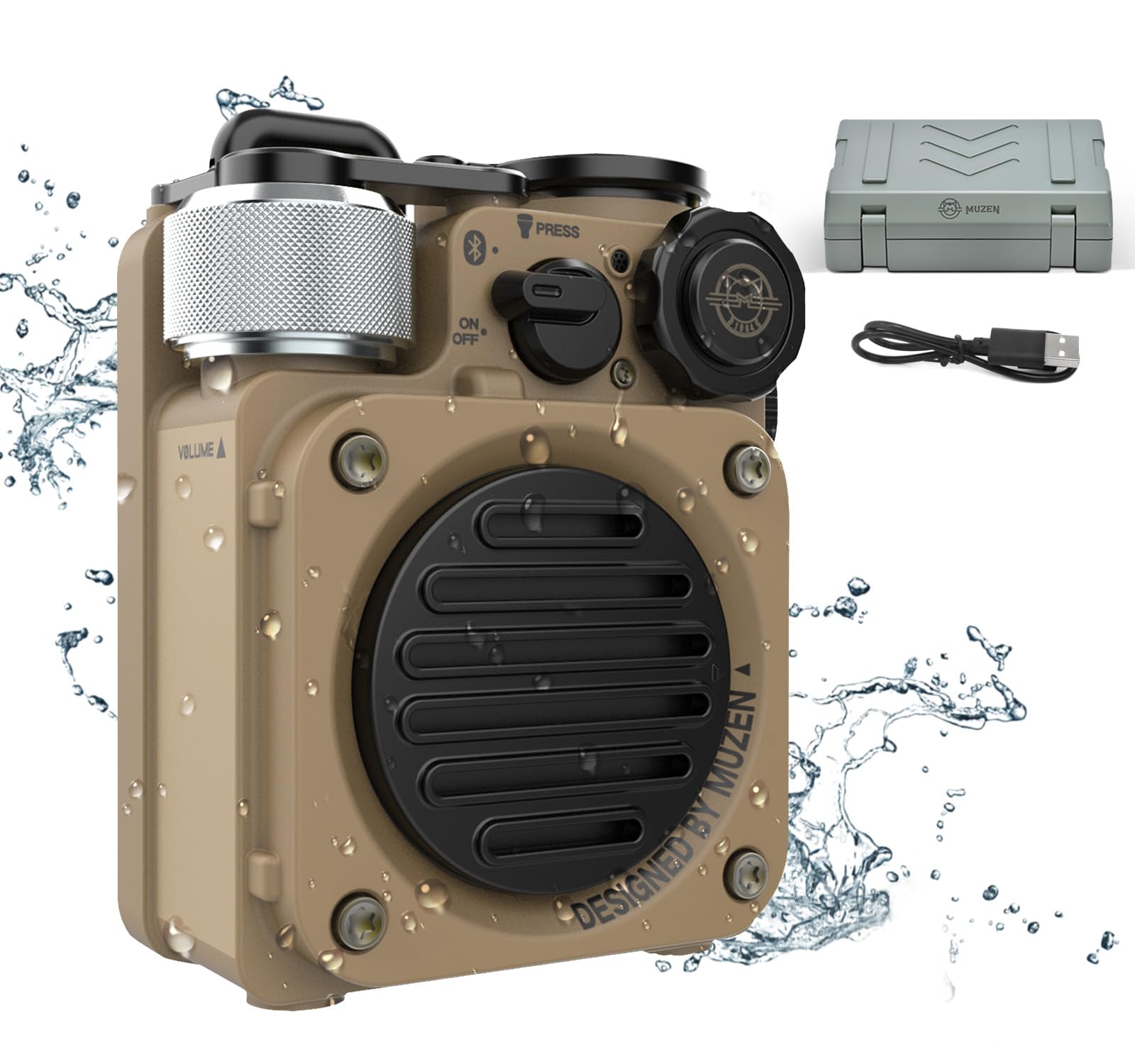 Muzen Portable Bluetooth Speaker, Wild Mini Rugged Travel Outdoor Speaker, Wireless Waterproof IPX5 with Flashlight, Stereo Sound, Metal Wild Look, for Adventure, Camping, Hiking