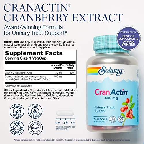 SOLARAY CranActin Cranberry Extract 400mg, Concentrated Cranberry Supplement for Urinary Tract Health & Bladder Support, with Vitamin C for Immune Support, Vegan (120 CT)