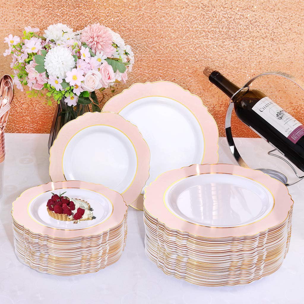 WDF 60pcs Pink Dessert Plates - 7.5inch Baroque Pink &Gold Disposable Dessert/Salad Plates for Upscale Parties &Wedding-Special for Bridal Shower &Tea Party