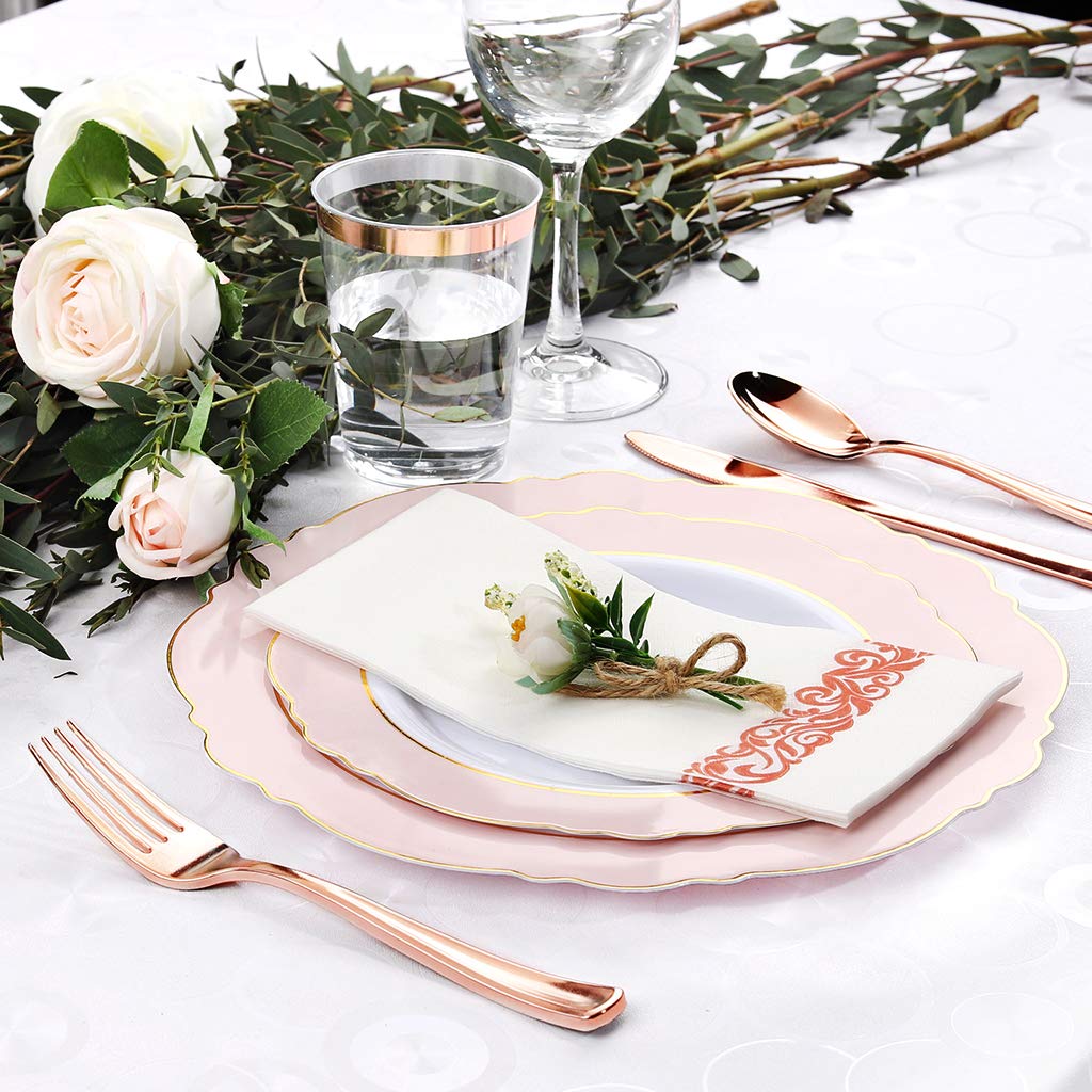 WDF 60pcs Pink Dessert Plates - 7.5inch Baroque Pink &Gold Disposable Dessert/Salad Plates for Upscale Parties &Wedding-Special for Bridal Shower &Tea Party