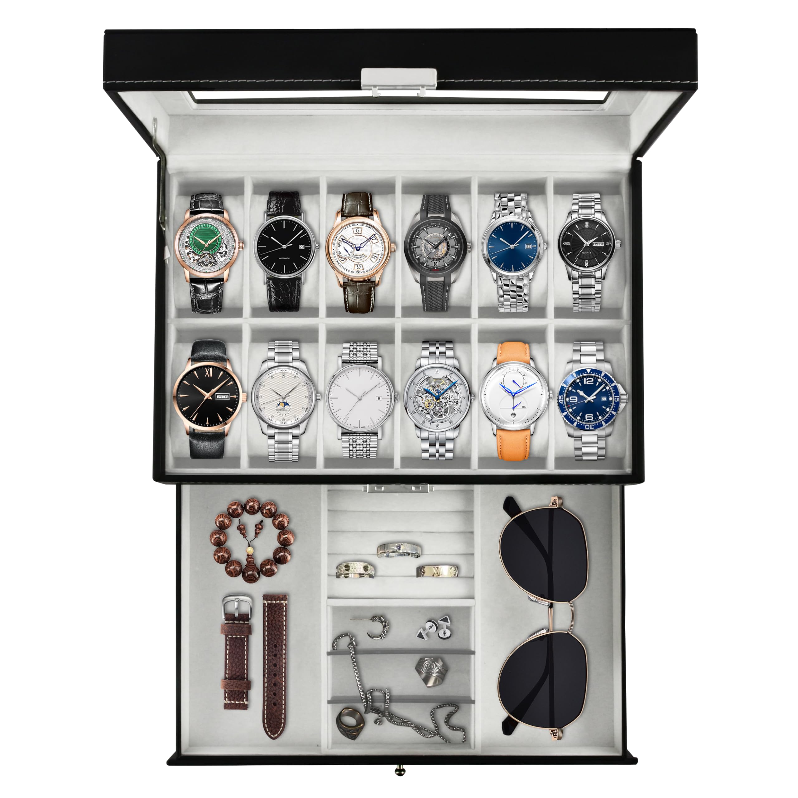 Ogrmar 12 Slot PU Leather Lockable Watch Storage Boxes, Men & Women Jewelry Display Drawer Case, 2-Tier Organizer Watch Showcase with Glass Lid