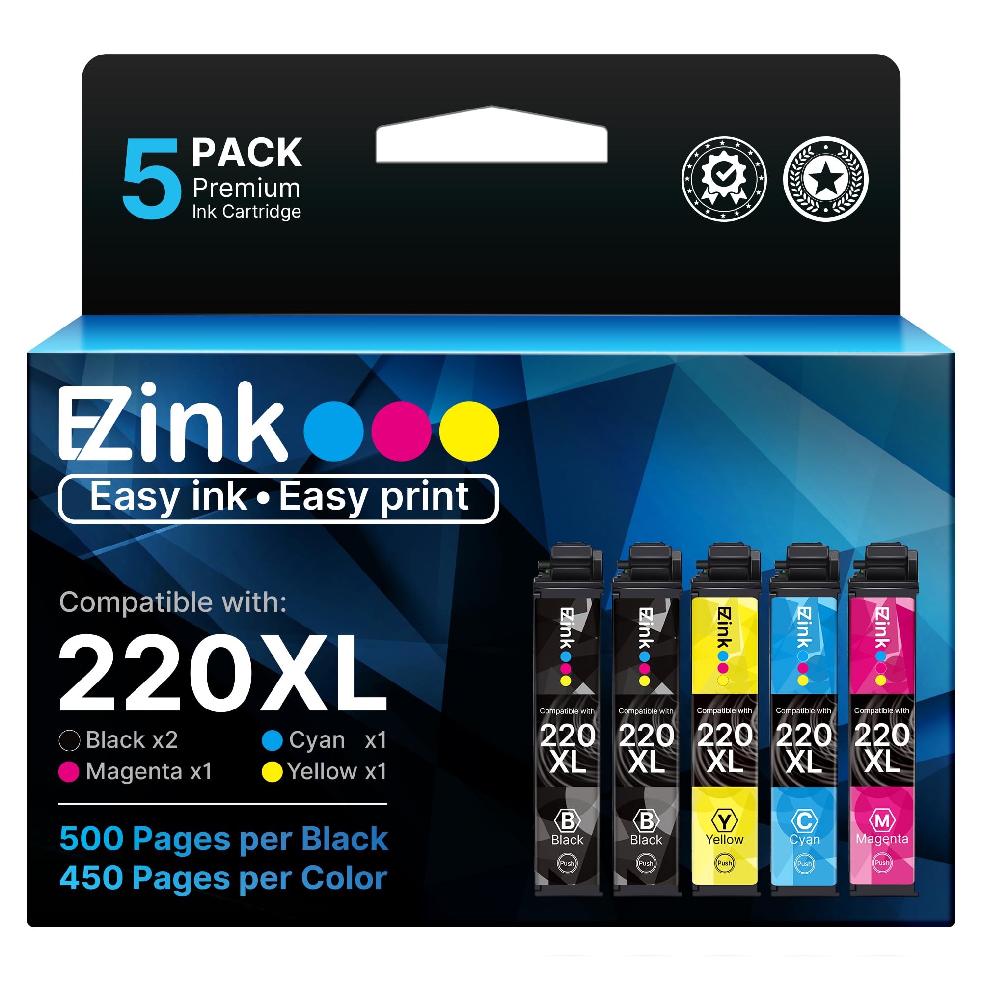 E-Z Ink (TM) Remanufactured Ink Cartridge Replacement for Epson 220 XL 220XL T220XL to use with WF-2760 WF-2750 WF-2630 WF-2650 WF-2660 XP-320 XP-420 XP-424(2 Black, 1 Cyan, 1 Magenta, 1 Yellow)5Pack