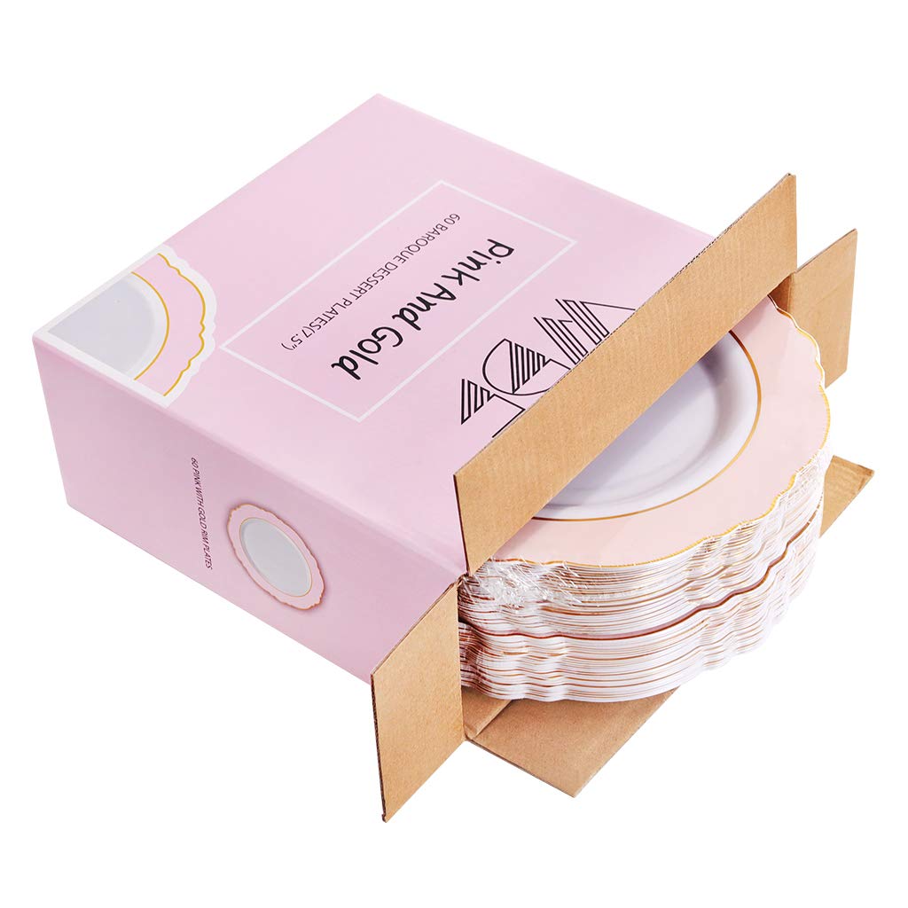 WDF 60pcs Pink Dessert Plates - 7.5inch Baroque Pink &Gold Disposable Dessert/Salad Plates for Upscale Parties &Wedding-Special for Bridal Shower &Tea Party