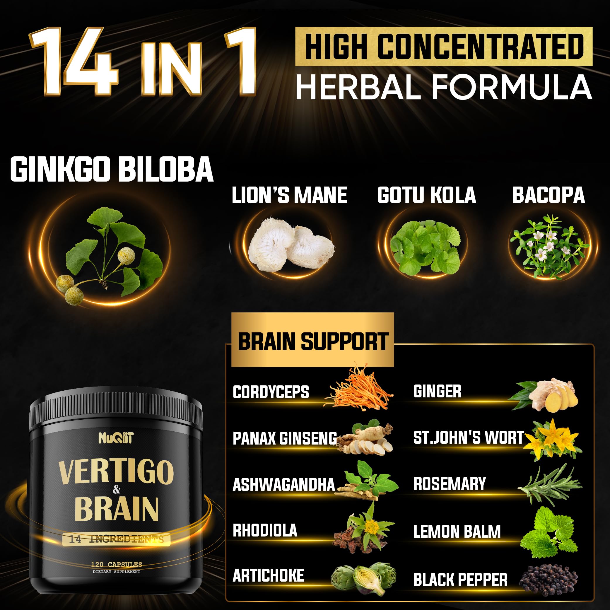NUQIIT Vertigo & Brain Supplement with Ginkgo Biloba Leaf 10500mg Lions Mane 4500mg & More - Support Memory, Focus & Brain Health - 120 Capsules for 2-Month Supply