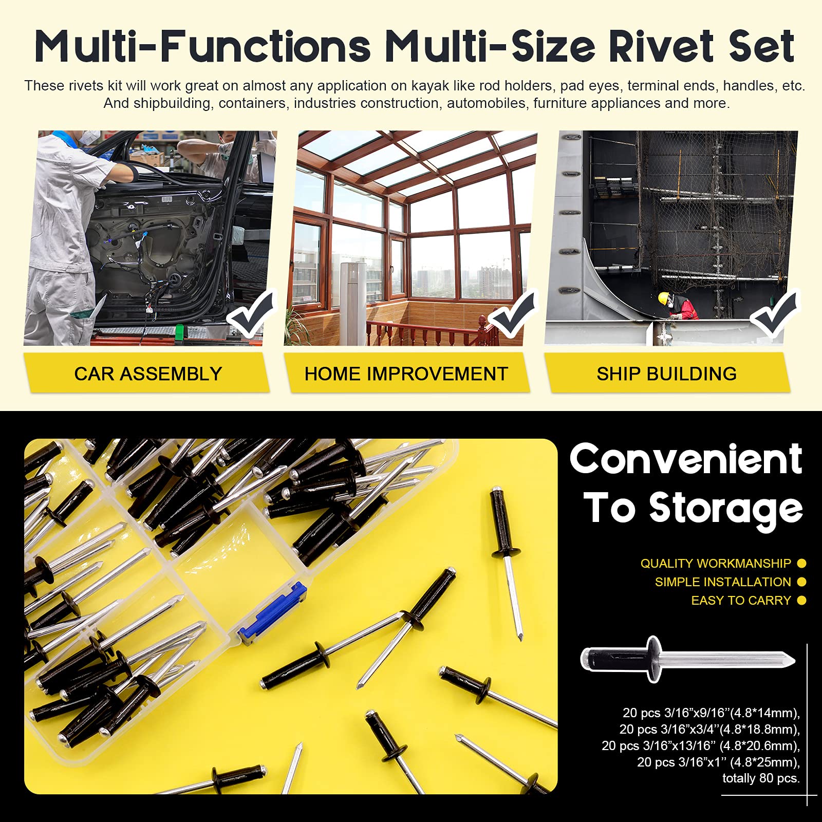 Mardatt 80 Pcs Flange Aluminum Blind Rivet Assortment Set, Black Large Head Tri-Fold Exploding Aluminum Pop Rivets for Sheet Metal, Automotive and Furniture -3/16" x (9/16", 3/4", 13/16, 1")