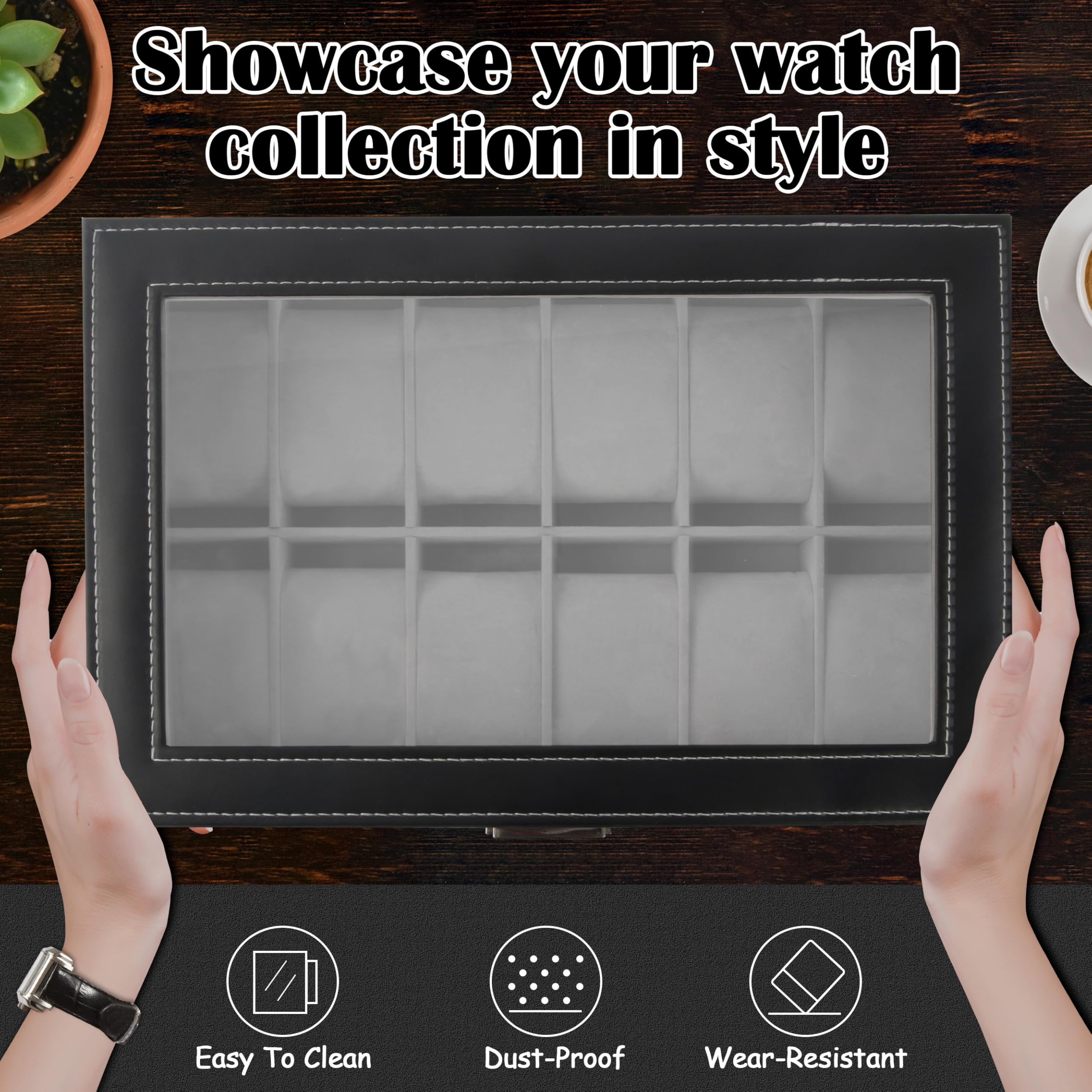 Ogrmar 12 Slot PU Leather Lockable Watch Storage Boxes, Men & Women Jewelry Display Drawer Case, 2-Tier Organizer Watch Showcase with Glass Lid
