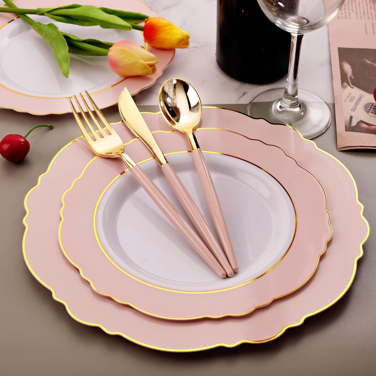 WDF 60pcs Pink Dessert Plates - 7.5inch Baroque Pink &Gold Disposable Dessert/Salad Plates for Upscale Parties &Wedding-Special for Bridal Shower &Tea Party