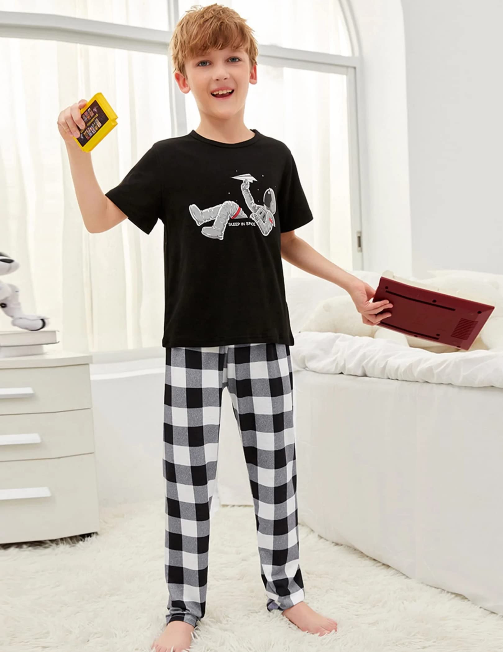 Ekouaer Boys Pajama Pants Long Sleep Pants Soft Elastic Waist Pajama Bottoms Plaid Lounge Pants with 2 Pockets
