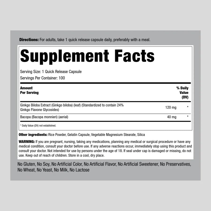 Piping Rock Ginkgo Biloba Supplements 120mg | 100 Capsules | Standardized Extract | Non-GMO, Gluten Free