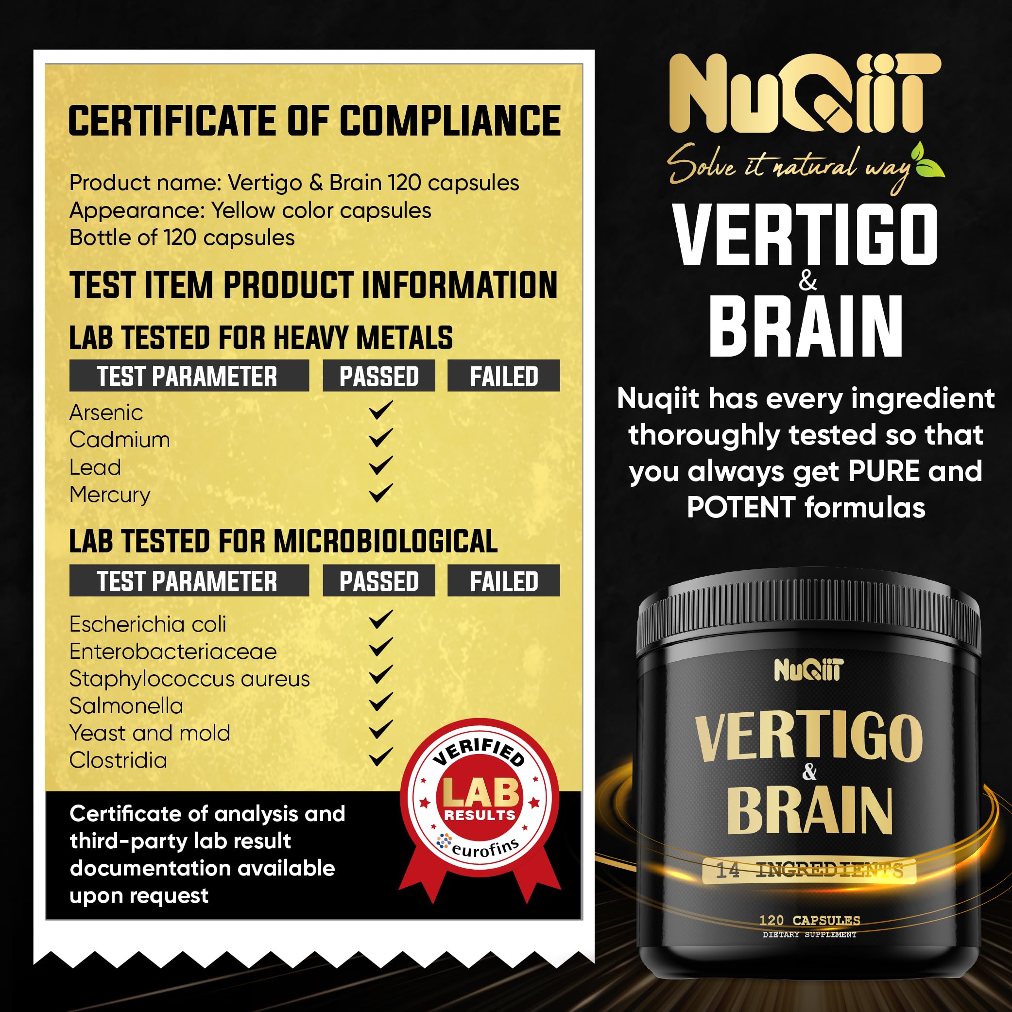 NUQIIT Vertigo & Brain Supplement with Ginkgo Biloba Leaf 10500mg Lions Mane 4500mg & More - Support Memory, Focus & Brain Health - 120 Capsules for 2-Month Supply