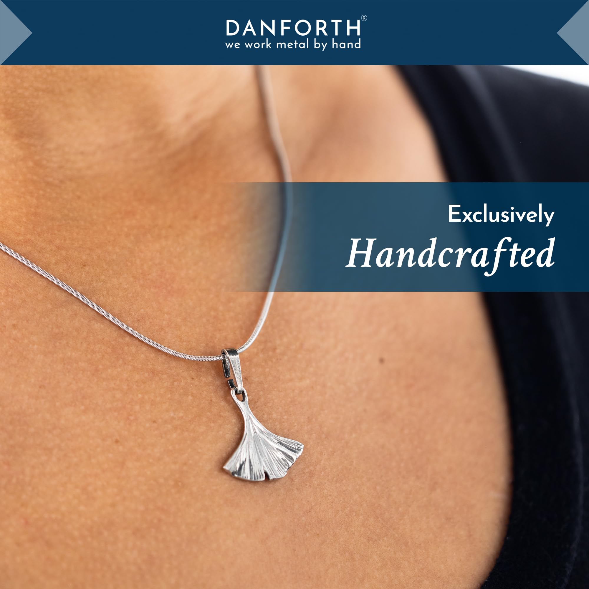DANFORTH – Ginkgo Leaf Necklace – Pewter Nature Pendant & 18 In Sterling Silver Snake Chain, Nickel-Free – Trendy Boho Jewelry For Women – Handmade Necklaces for Women – Made In USA