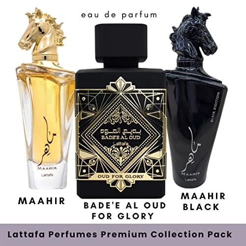 Maahir, Maahir Black & Bade'e Al Oud for Glory - EDP 100ML(3.4 oz) with Magnetic Gift Box Perfect For Gifting I Bold and Rich Oud Fragrance I Sandalwood, Musk and Vanilla Notes I Saffron, Lavender, & Nutmeg I Signature Arabian Perfumery I by Lattafa Perfu
